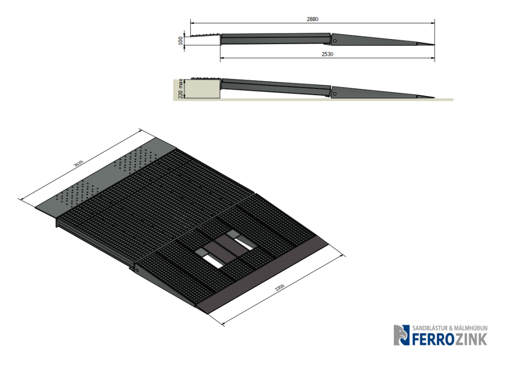 GÁMABRÚ HEAVY DUTY HEITGALV. BR. 220CM L. 215CM (ÞAR AF 25CM INN Í GÁM ...